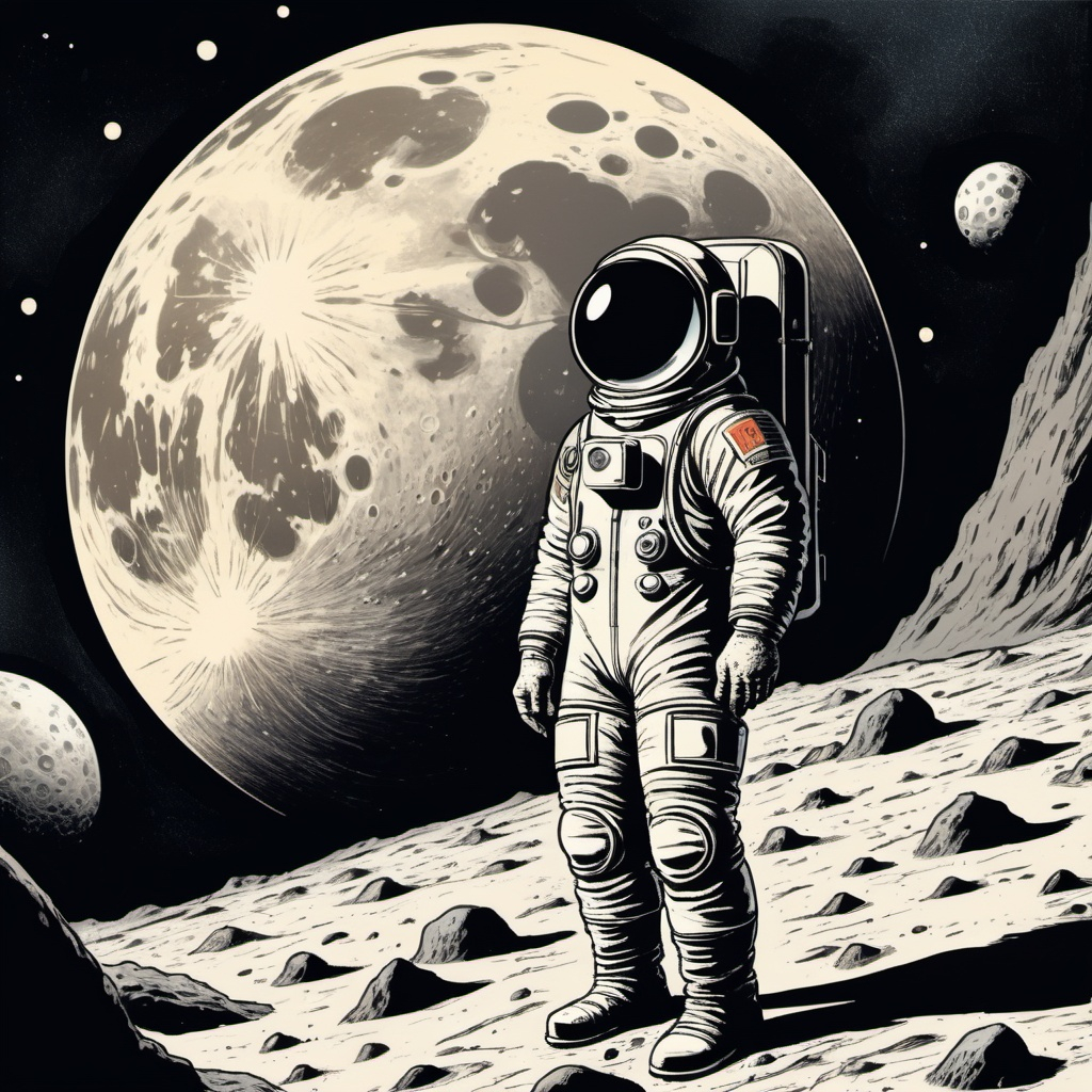Comic Panel depicts man on moon. Pulp style.