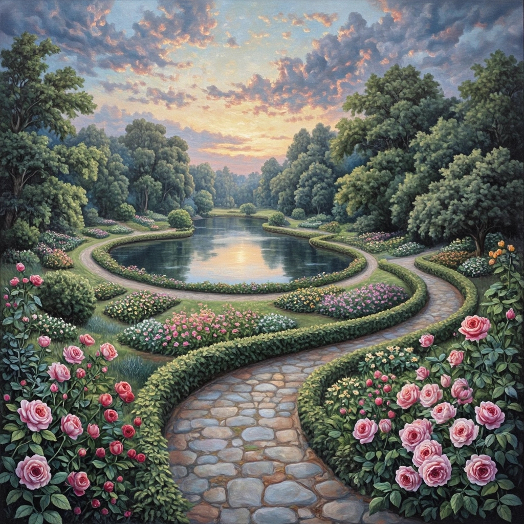 varied roses bordered by neat hedges, blooming along...