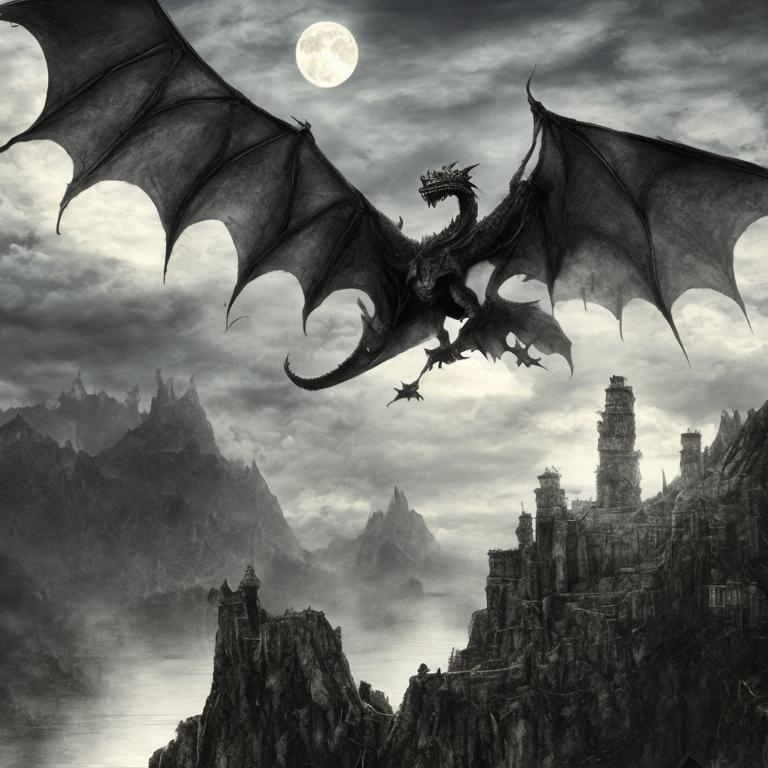 fantasy setting, looming dragon in the sky, fortress... | OpenArt