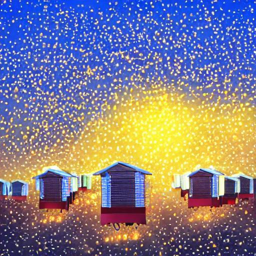 beehives, swarms of moving fireflies, sunlight, deta...