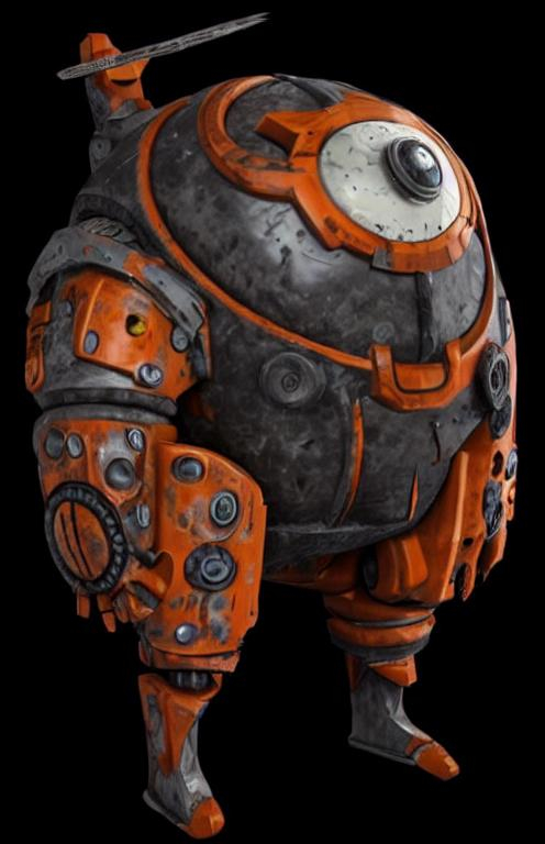 a sphere robot with slayer dwarf hair rusty, runic,...