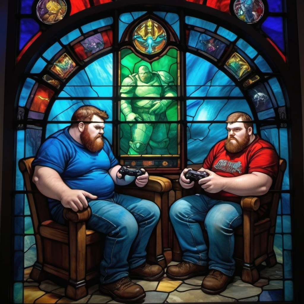 2 big guys playing video games