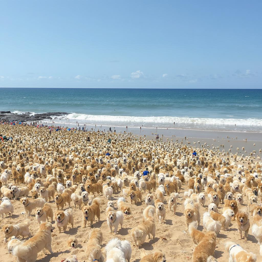 A photorealistic image of 5 million dogs at the beac...