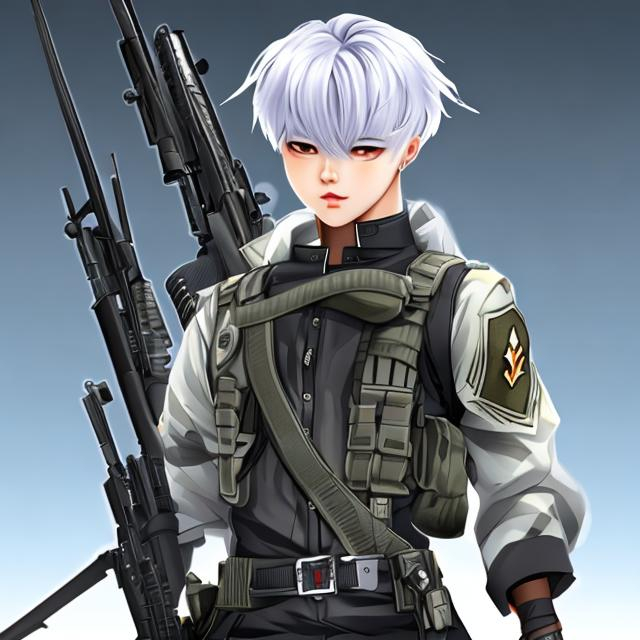 anime jimin soldier with cool white hair and sniper...