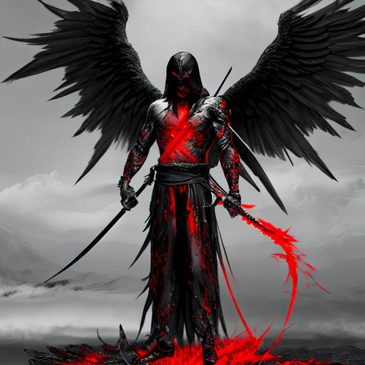 katana male angel of death black wings red aura hyp... | OpenArt