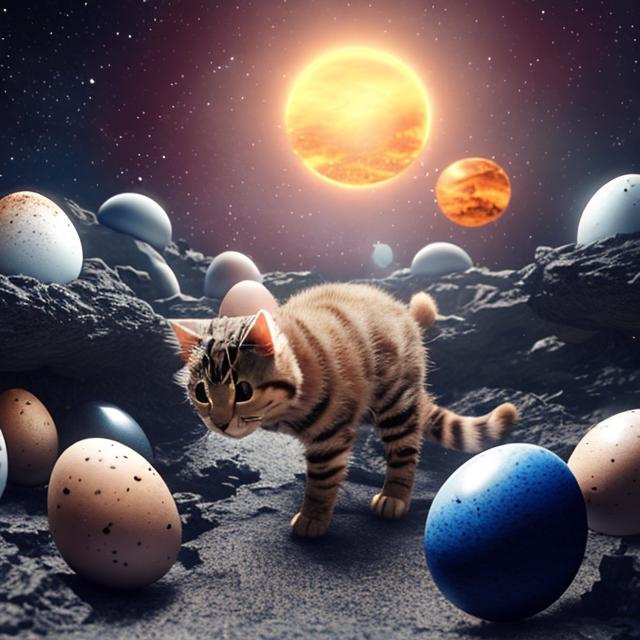 a cat inside of a planet with eggs