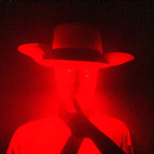 Shadow person dark room scary hat man red glowing eyes | OpenArt
