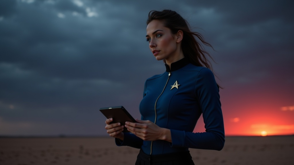 wearing a science officer star fleet uniform with a...