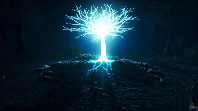 Tree of life glowing blue in an open forest at night...
