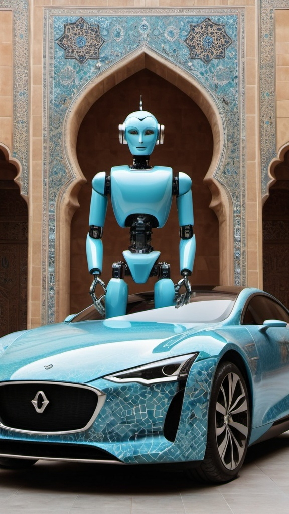 Surreal image of an ultra-modern car with traditiona...