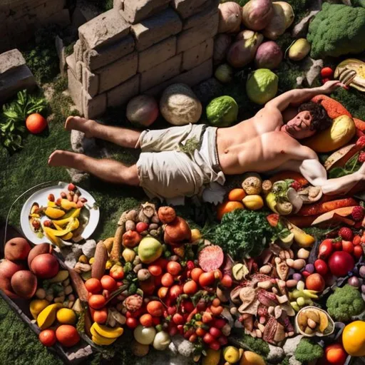 Greek god lying on the ground of a greek colisseum s...