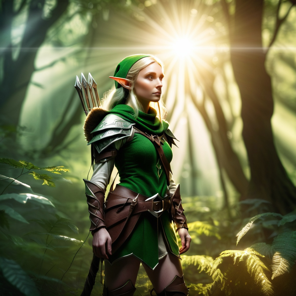 Elf ranger in a mystical forest around sunlight