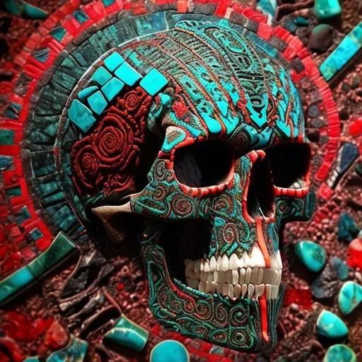 Death aztec god realistic photo red obsidian turquoise