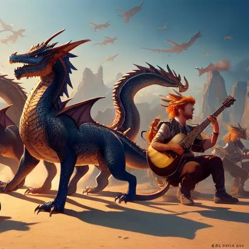 A group of dragons playing music in a band, cute fac... | OpenArt