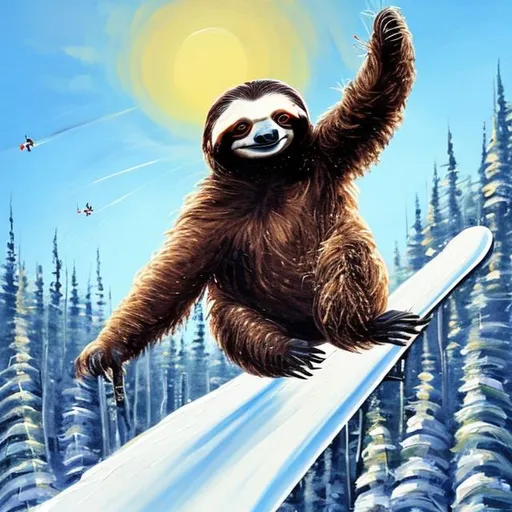 a painting of a sloth skiing