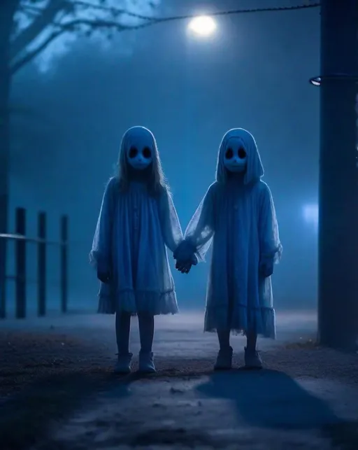 Medium range shot of Pale ghostly children holding h...