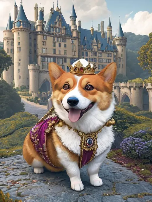 a portrait of happy corgi dog dressed a king in hall... | OpenArt