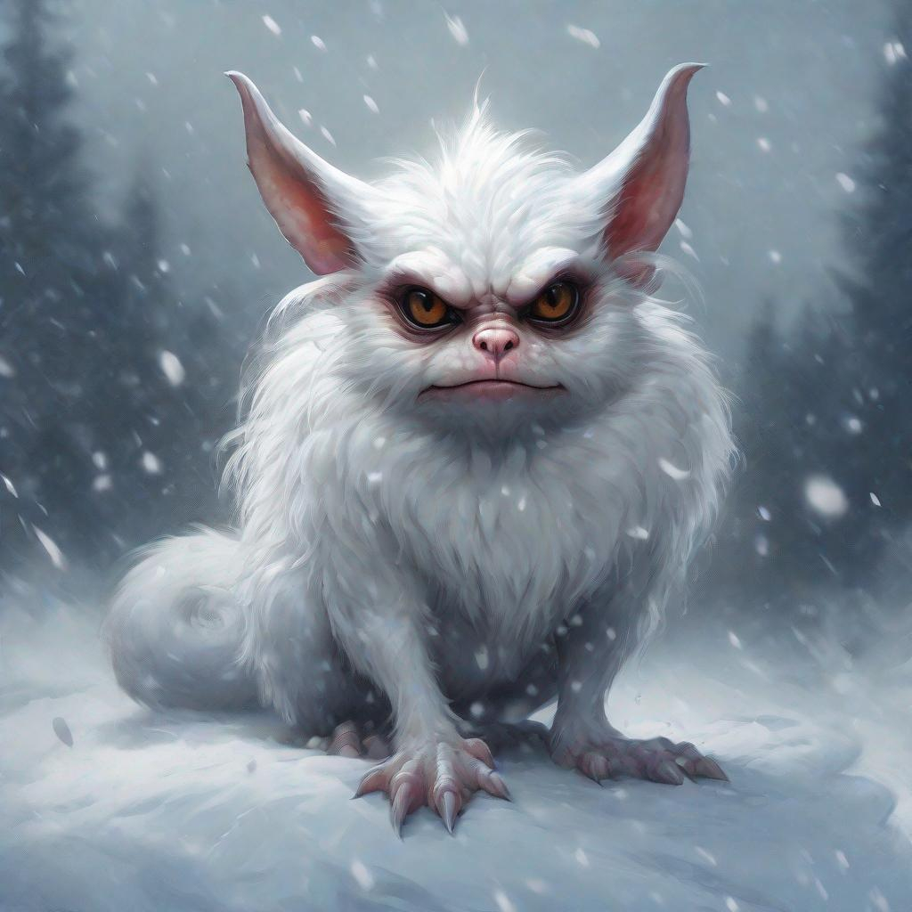 Gremlin, white fur and white puffball crest, curled... | OpenArt