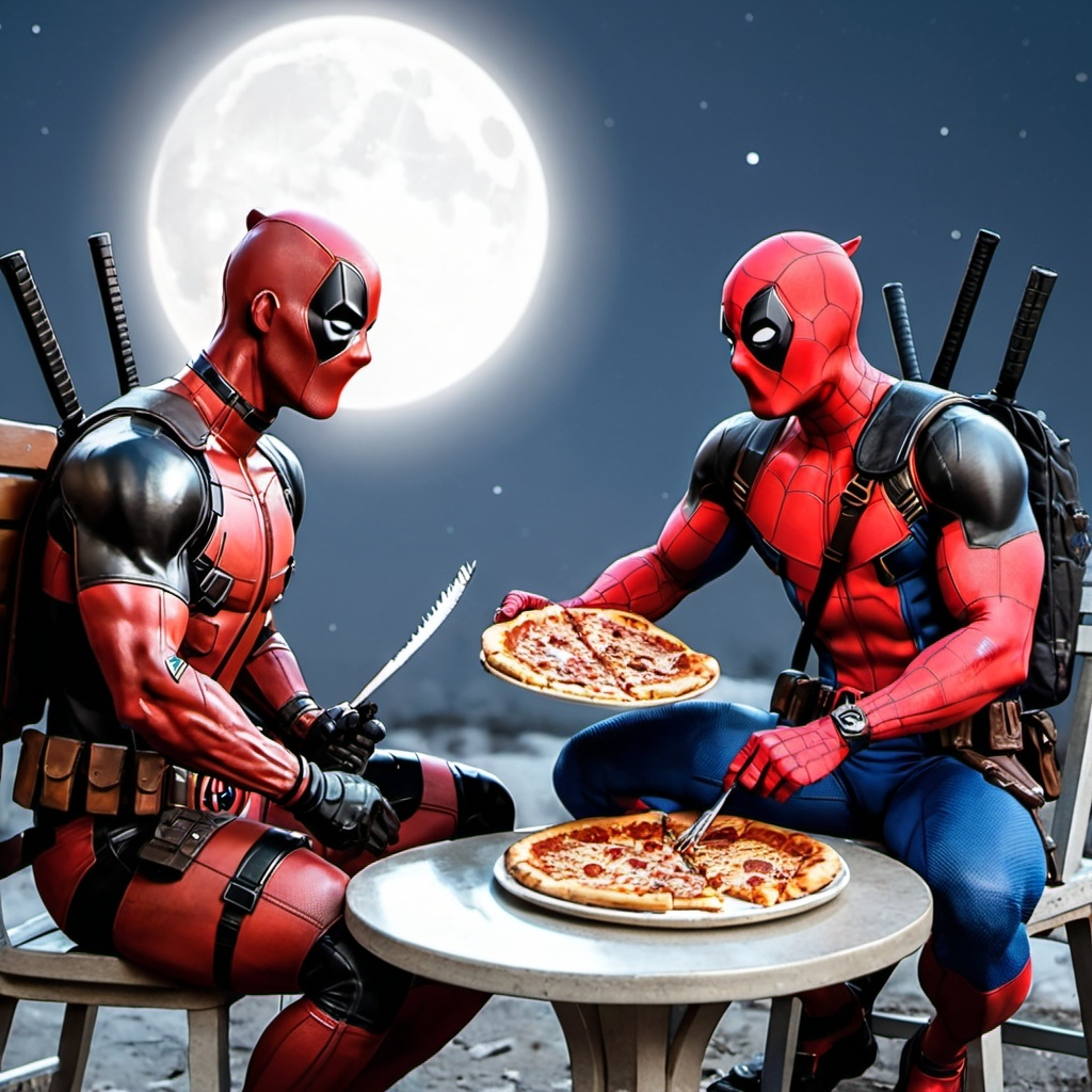 deadpool slade y spiderman comiendo pizza en la luna