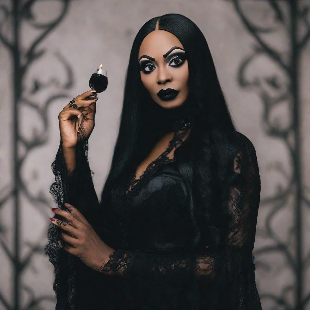 Beautiful black woman dressed as morticia addams