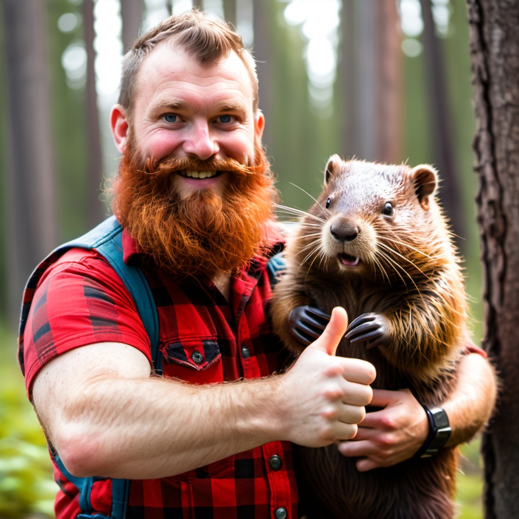 A red bearded lumberjack holding onto a Canadian bea...