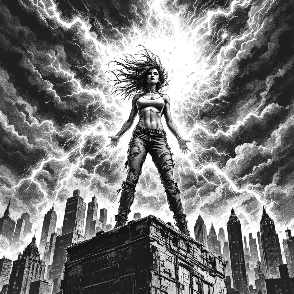 Amidst a stormy urban skyline, a fierce woman stands...