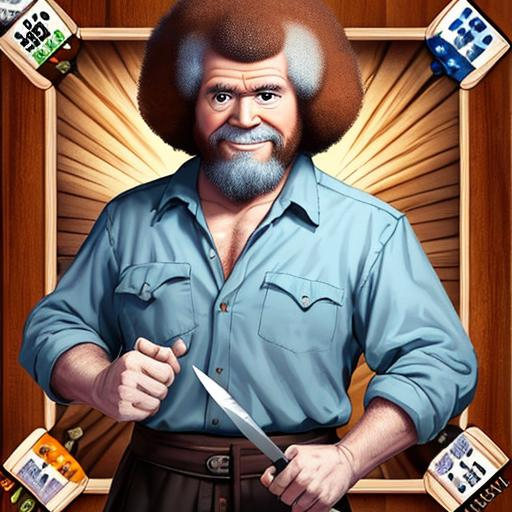 Bob Ross holding a knife in his left hand and a pall... | OpenArt
