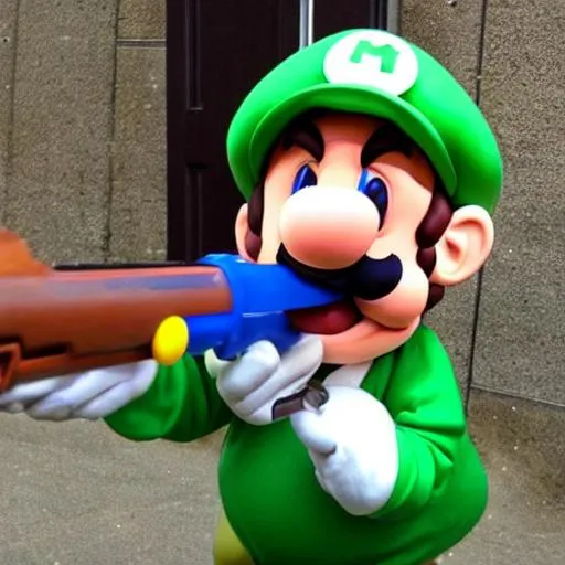 bad, low budget luigi cosplay with Mario with a shotgun