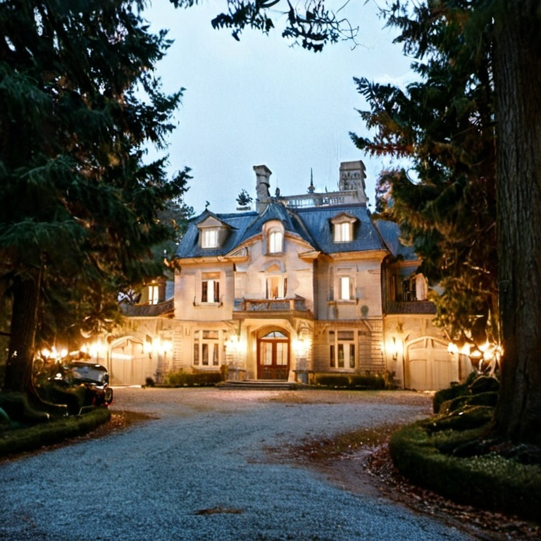 mansion in the woods, surrounded by towering trees,...