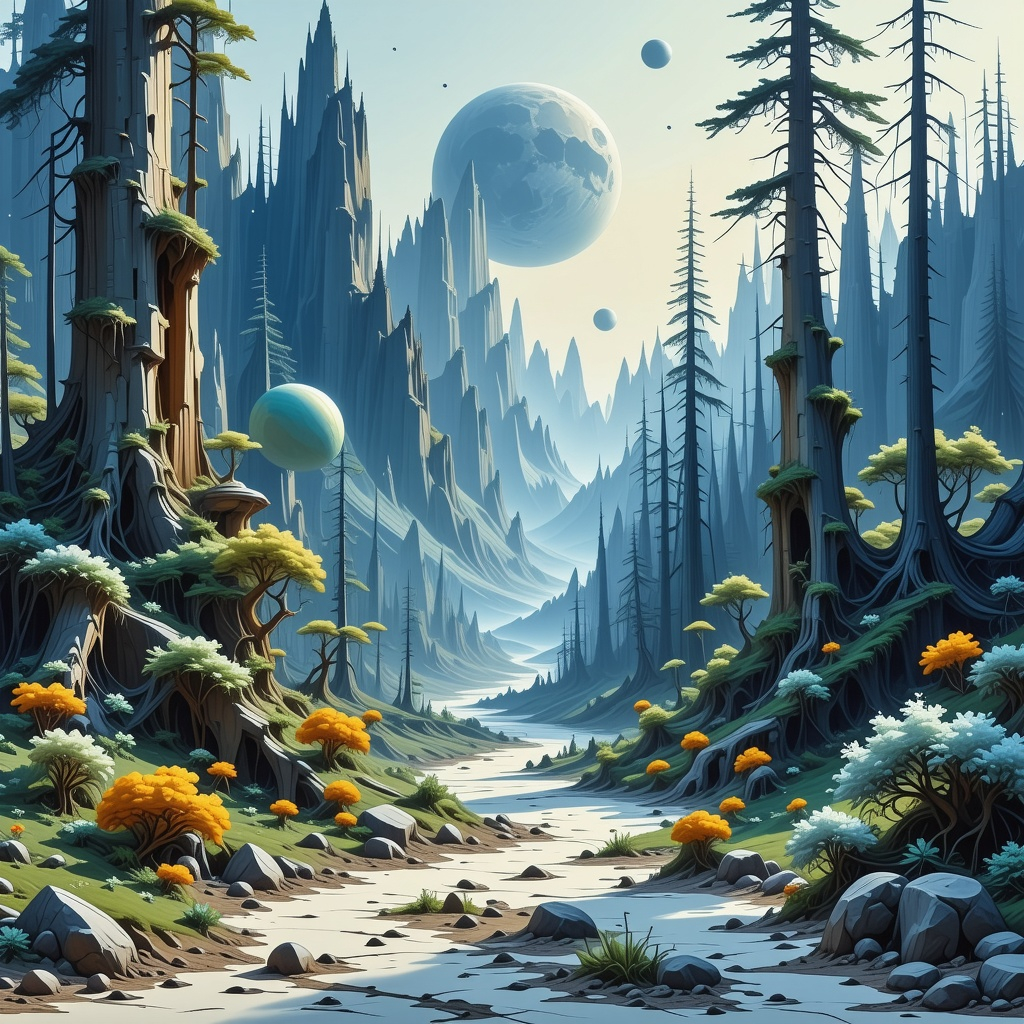 Alien planet forest in the style of moebius