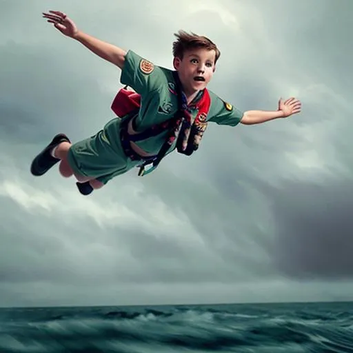 sea boy scout flying through the air with the wind i... | OpenArt