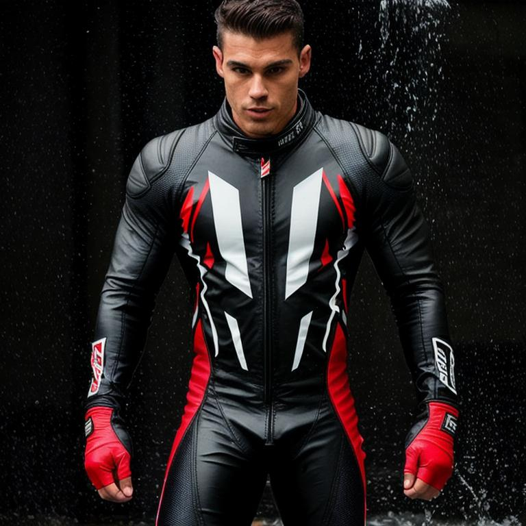 muscular man, wet black and red leather racer suit,