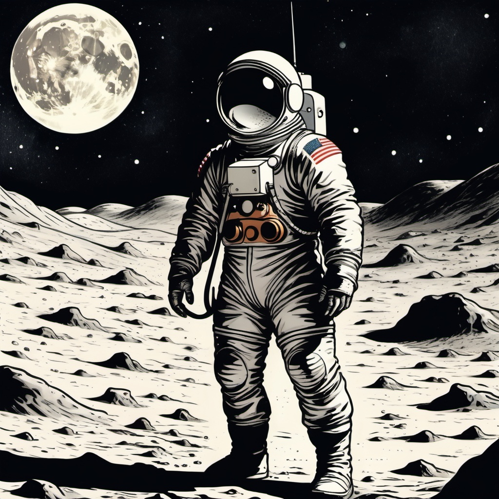 Comic Panel depicts man on moon. Pulp style.