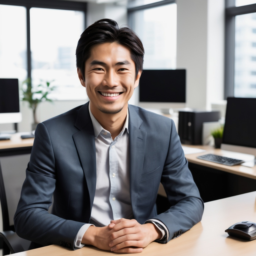 Create a photo of a smiling Japanese man sitting int...