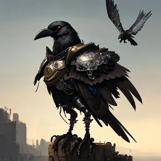 ecopunk anthropomorphic crow in battle armor, on sky...
