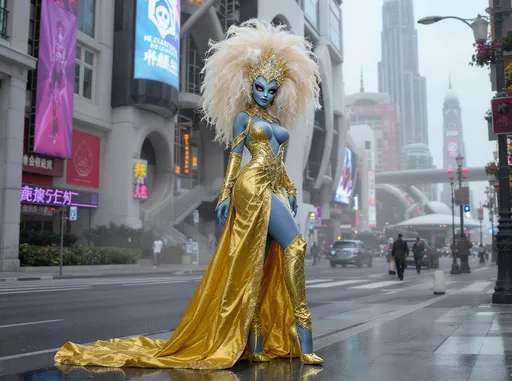 Gorgeous alien drag queen wearing golden robes and 8...