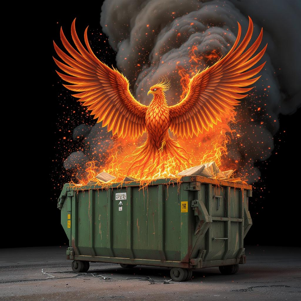 elaborately detailed phoenix rising from a dumpster...
