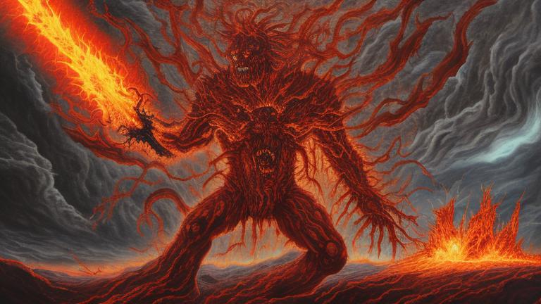 Destructive humanoid God full body at the center of...