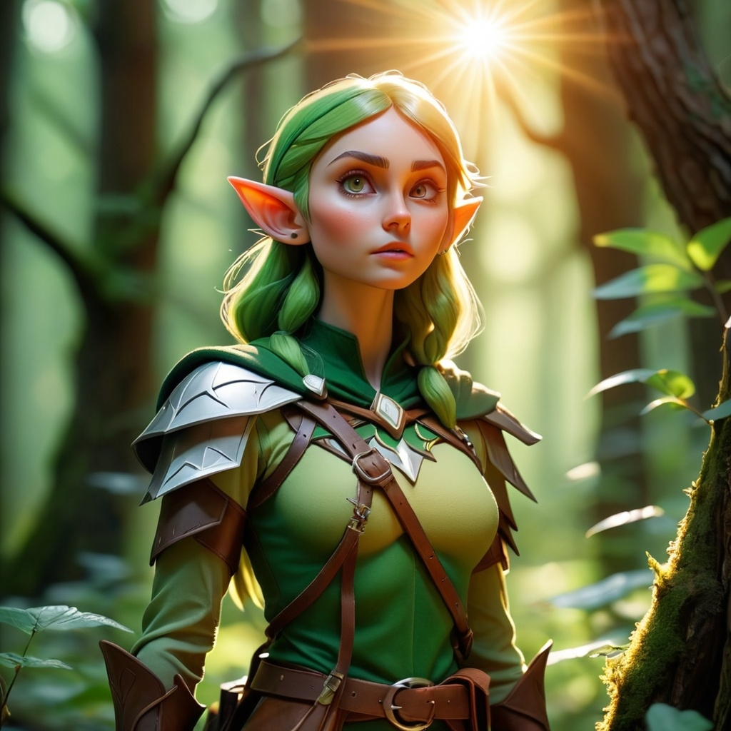 Elf ranger in a mystical forest around sunlight