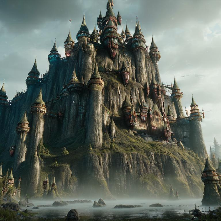 a giant magical castle shaped like a skull, towering...