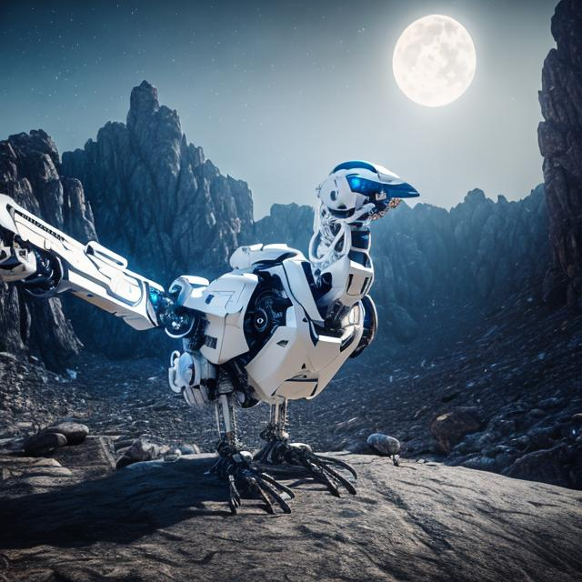 a white full robotic cyborg bird resting on a rock a...