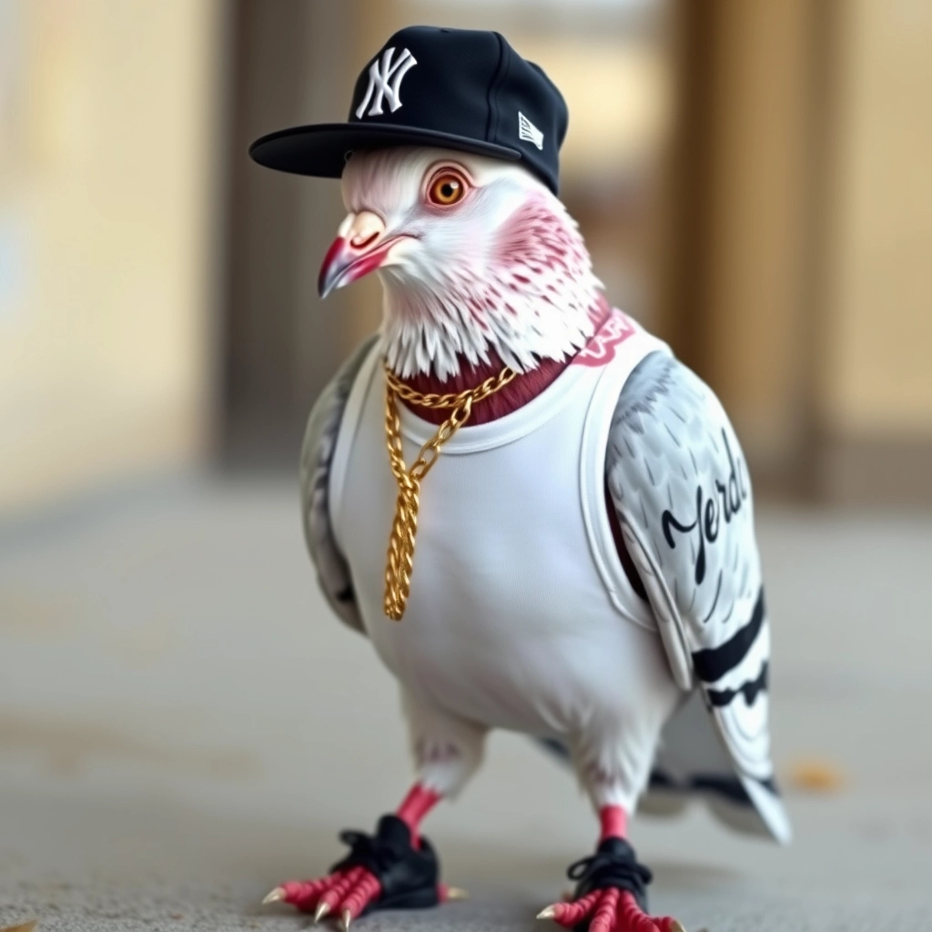 Generate an image of a gangsta pigeon with a white t...