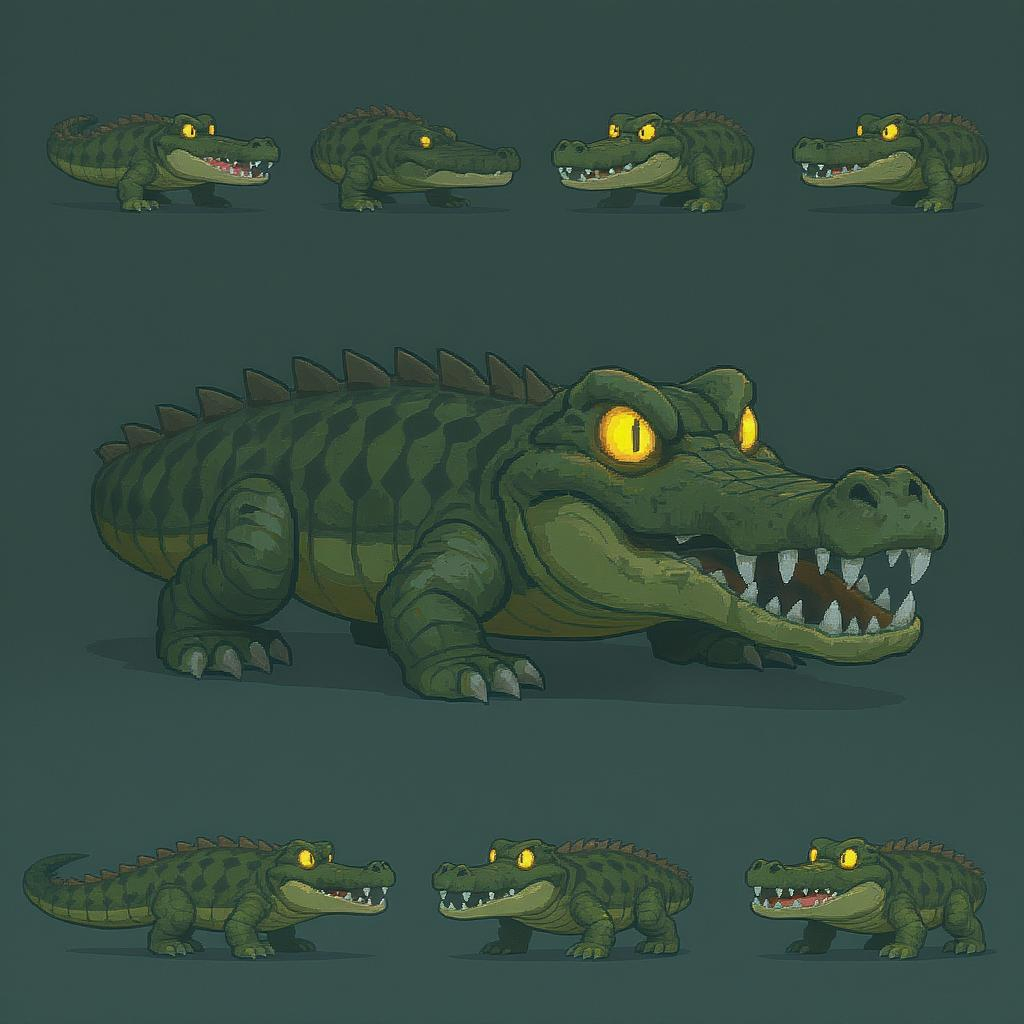 Make a 2D pixel 32x32 alligator . With idle, walk, a...
