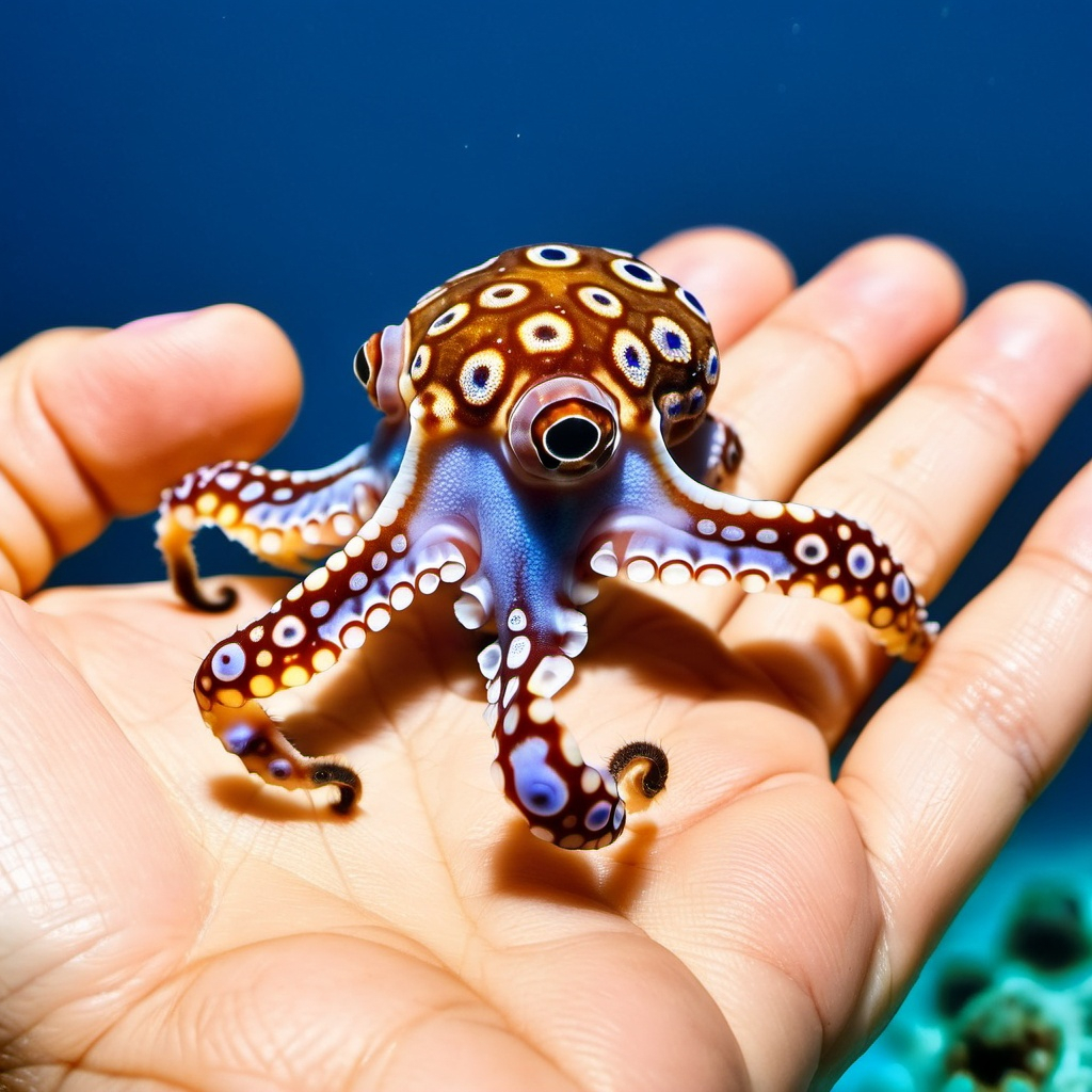 A baby blue-ringed octopus on someone's hand. close-...