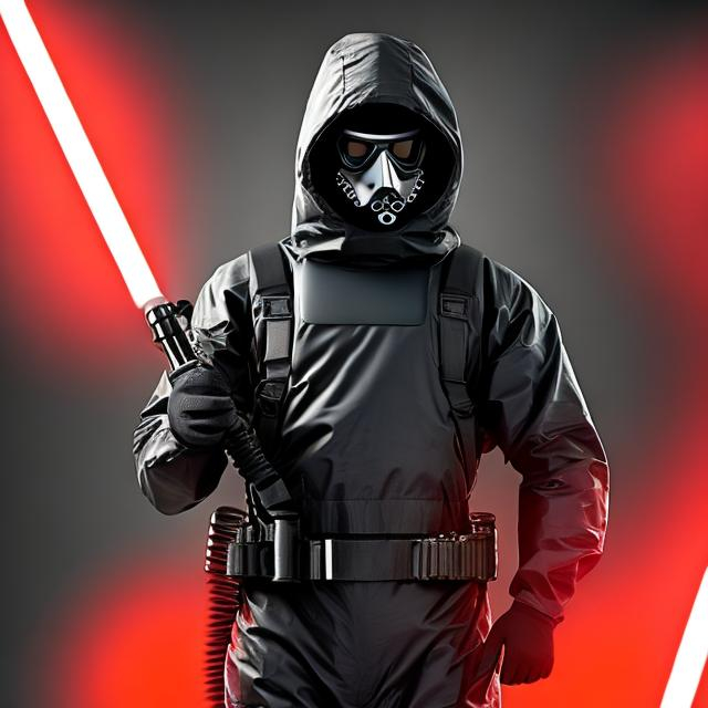 Guy in a black hazmat suit with a gas mask holding a...