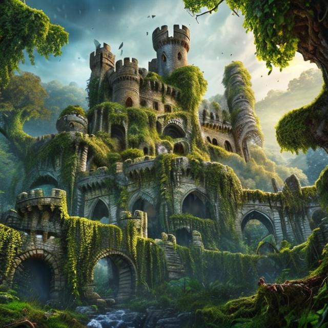 beautiful castle ruins in a fairy forest, majestic t...