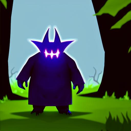 Gengar standing in the center of a wooded horror scene
