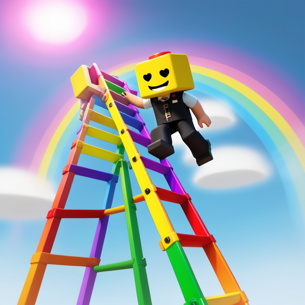 A ROBLOX CHARACTER CLIMING A RAINBOW LADDER looking...