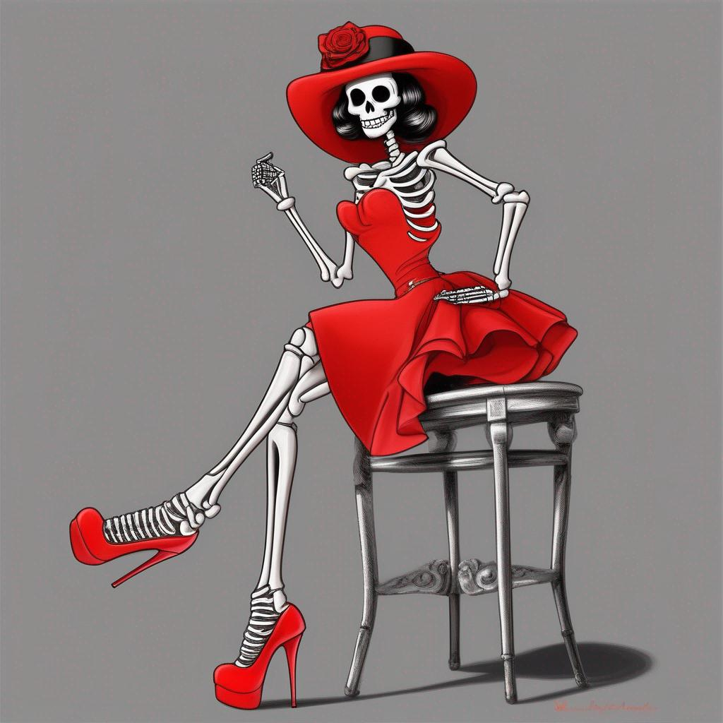 pin-up skeleton in red high heels and dress