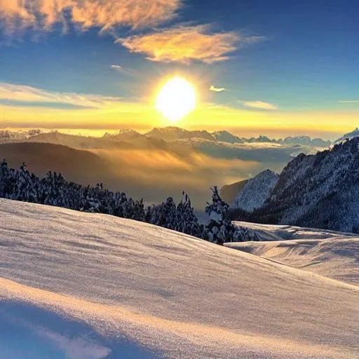Beatiful sunset in the snowy mountains | OpenArt